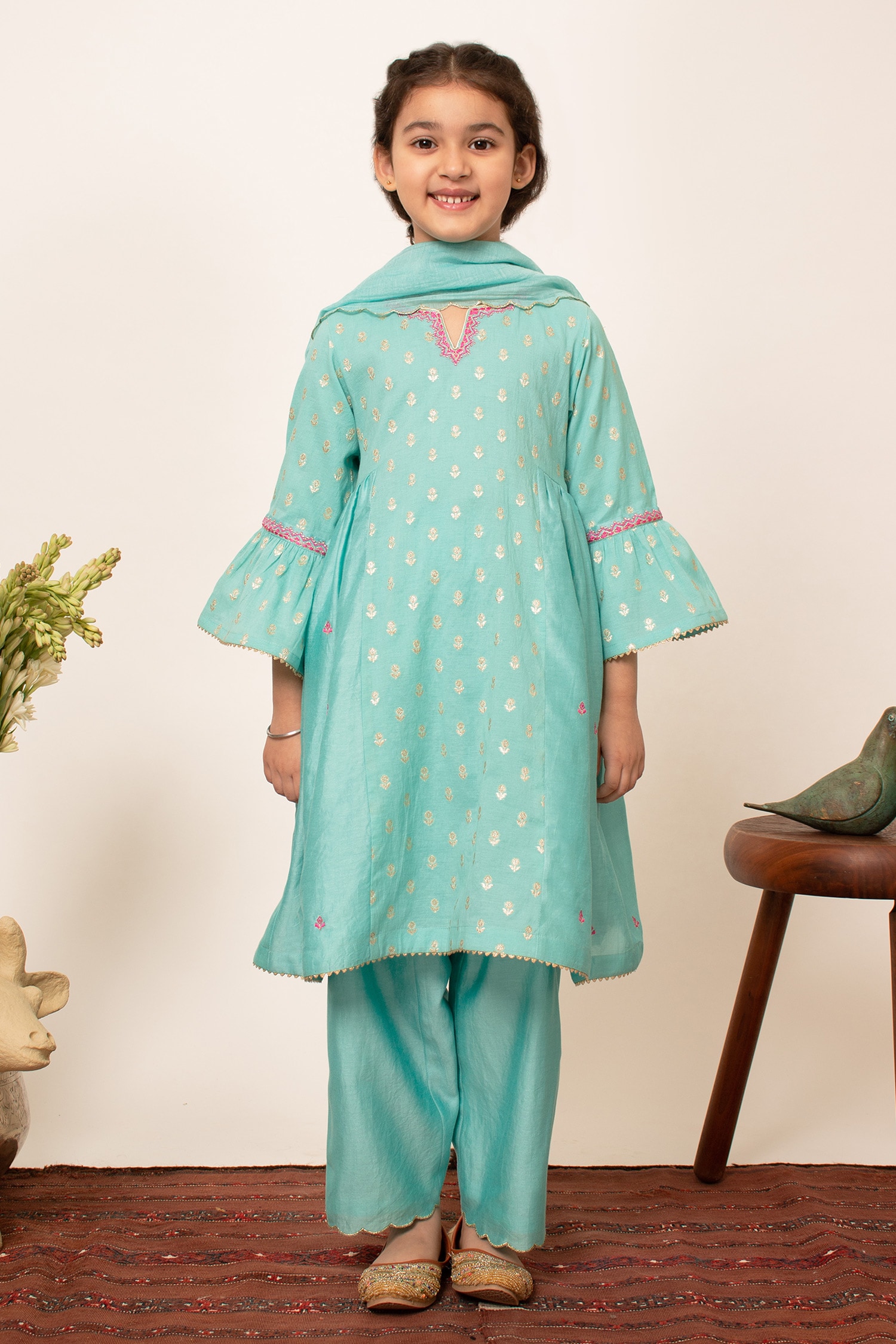 Buy Blue Chanderi Silk Floral Butti Kurta Pant Set For Girls by Boteh ...