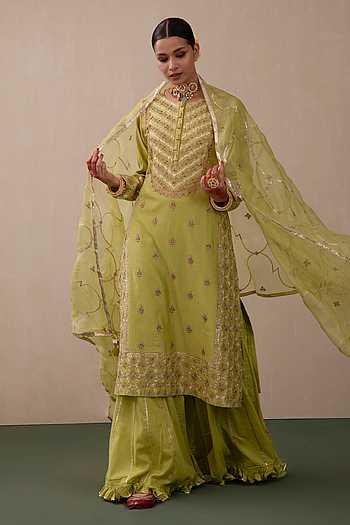 Buy Pink City Green Embroidered Kurta Sharara Set Online | Aza Fashions