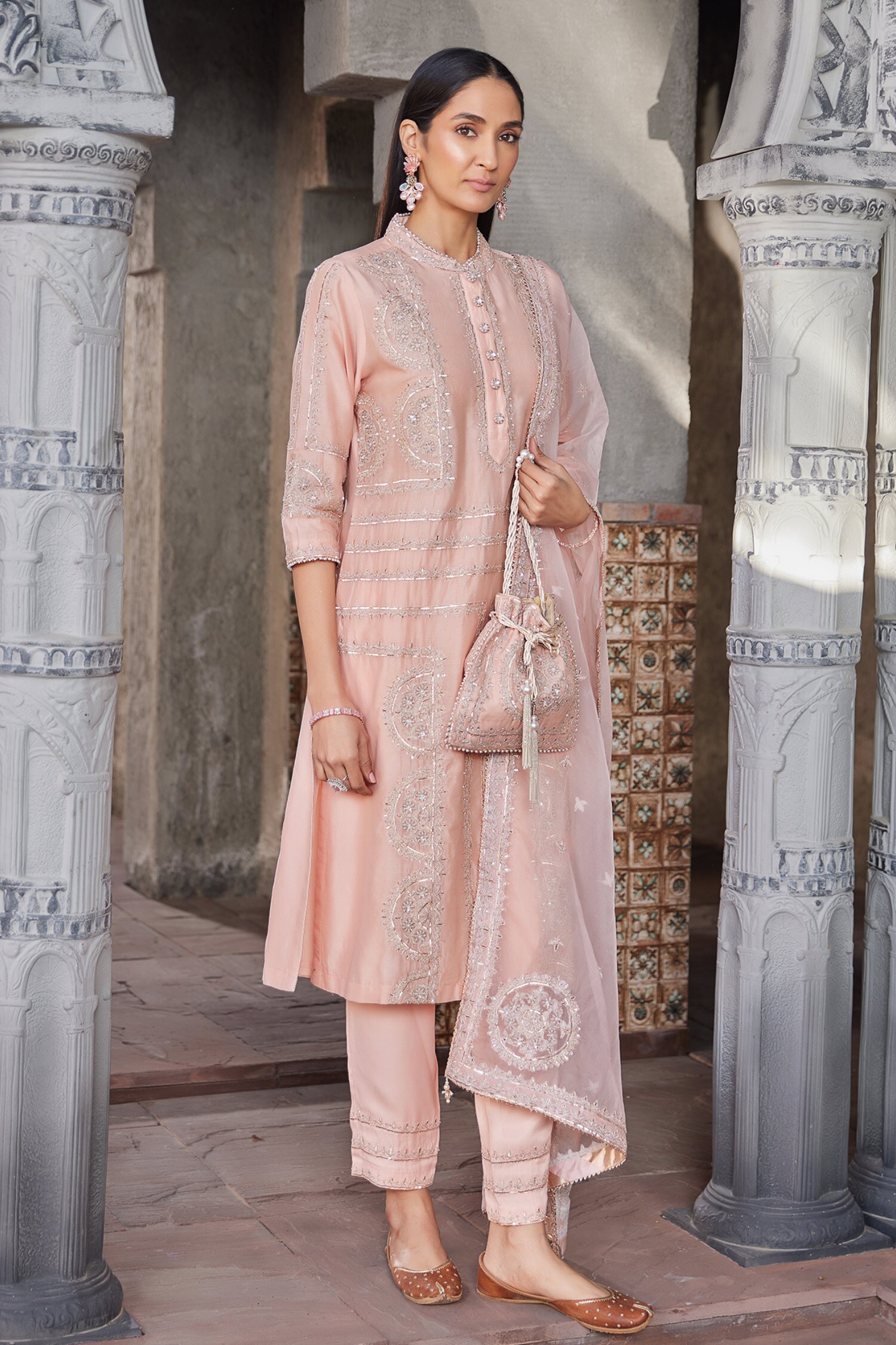 Buy Peach Kurta Pure Silk Chanderi Embroidery Floral Round Pant Set For Women by HOUSE OF ...