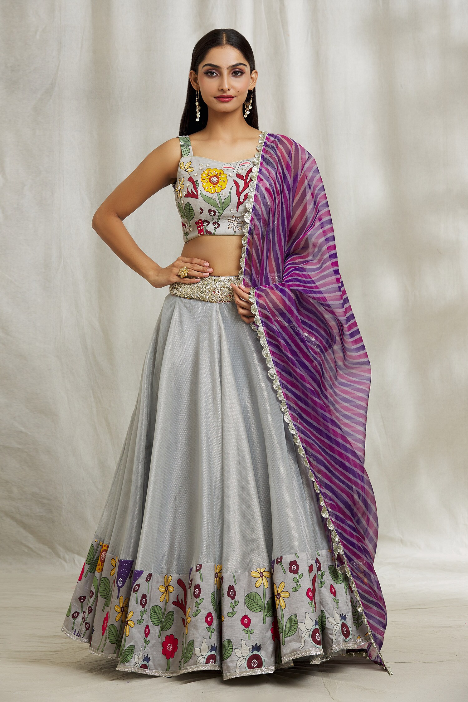 Buy Grey Lehenga And Blouse Silk Printed Floral Sweetheart Flower