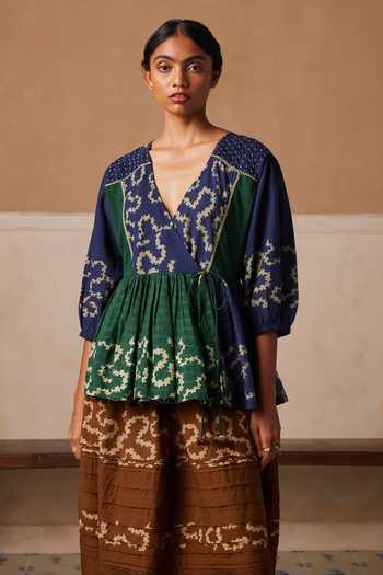 Buy Cord Emerald Green Cotton Poem Spiral Print Peplum Top Online | Aza ...