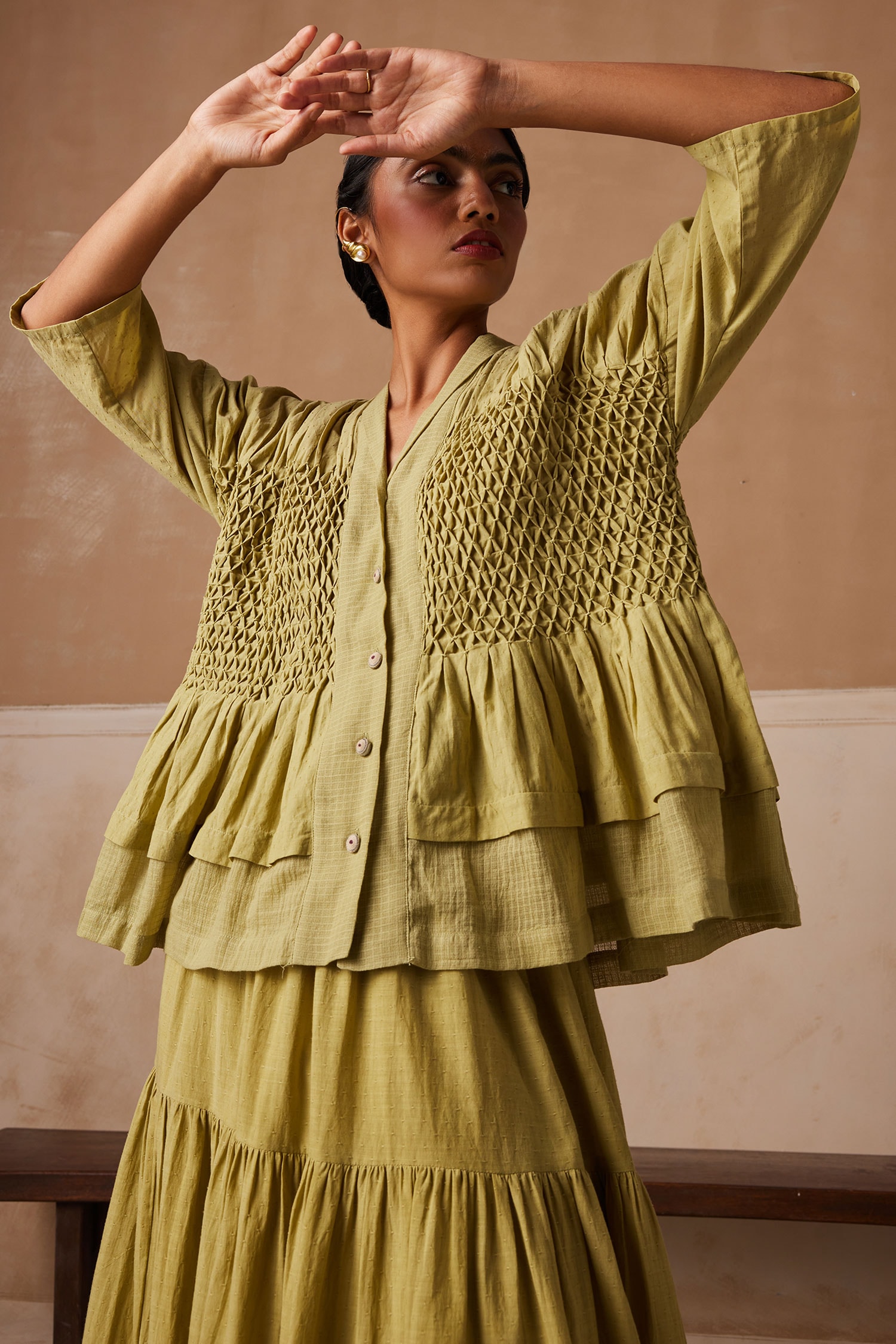 Buy Green Cotton Plain V Neck Jade Smocked Top For Women by Cord Online ...