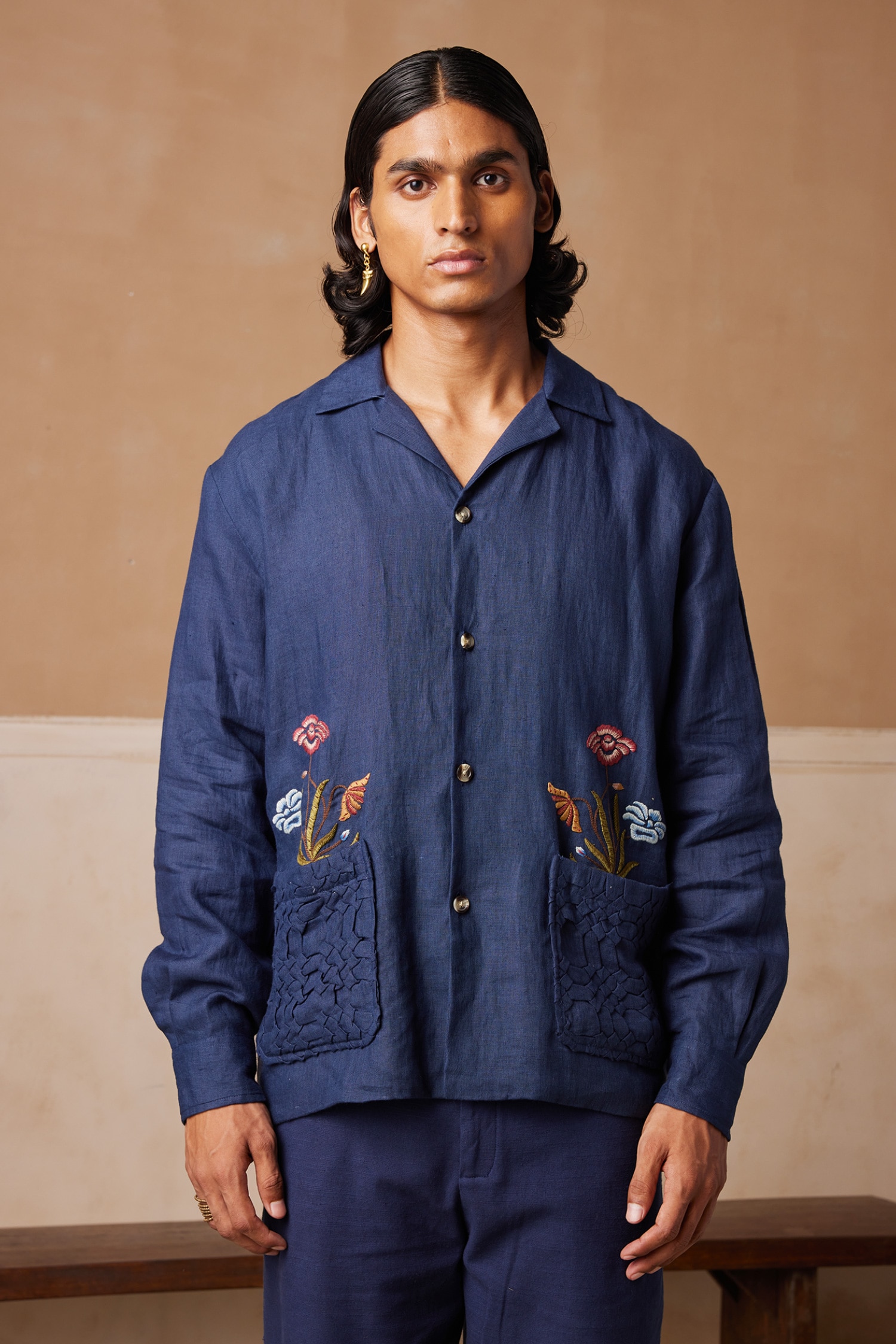 Buy Cord Blue Bloomer Linen Embroidered Shacket Online | Aza Fashions