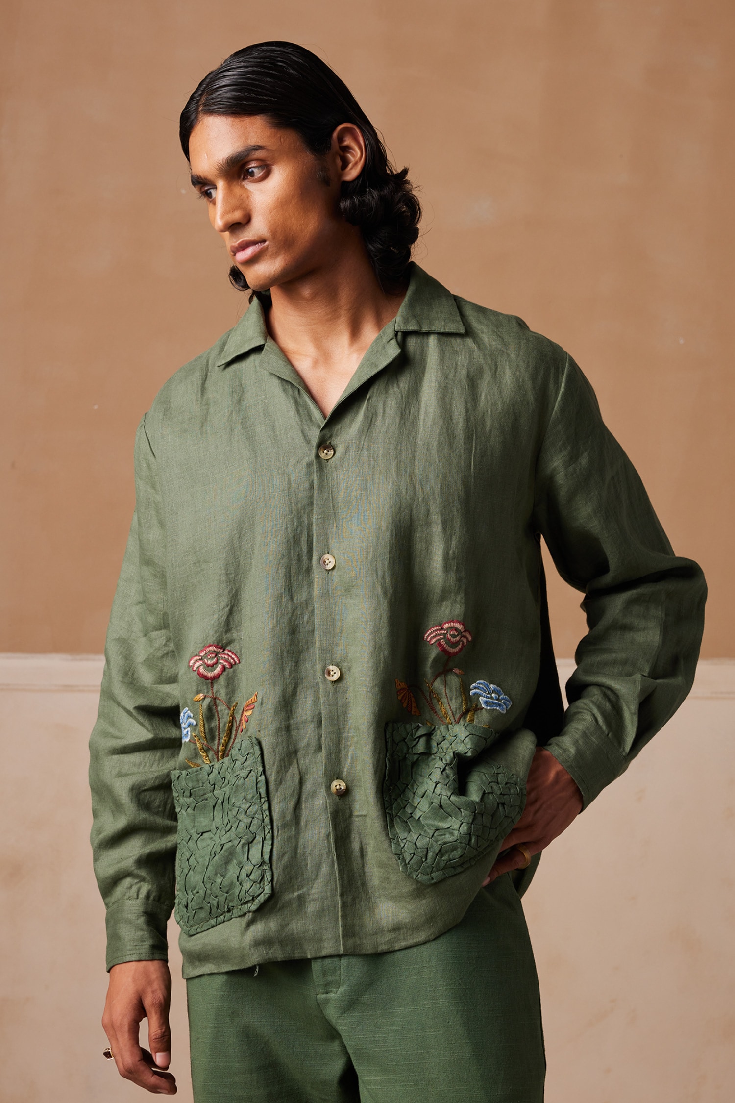 Buy Green Linen Embroidered Floral Bloomer Shacket For Men by Cord ...