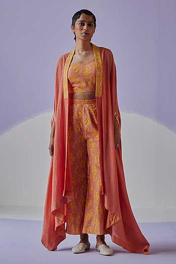 Buy Orange Flowery Print Cape Trouser Set For Women by Surbhi Gupta ...