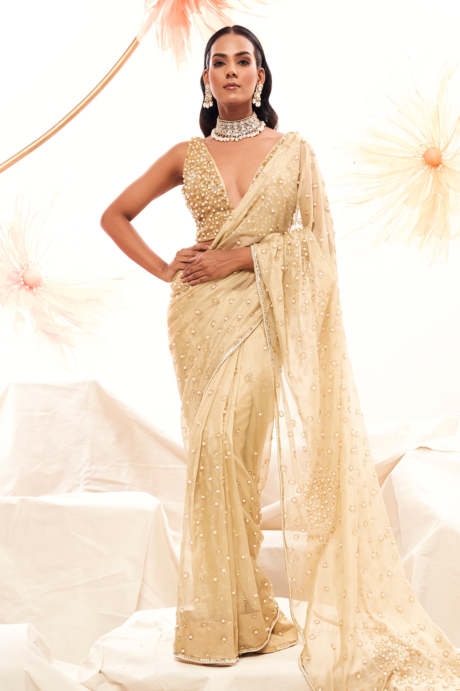 Buy Gold Rim Zim Zari Embellished Pearl Plunge V Neck Saree With Blouse ...
