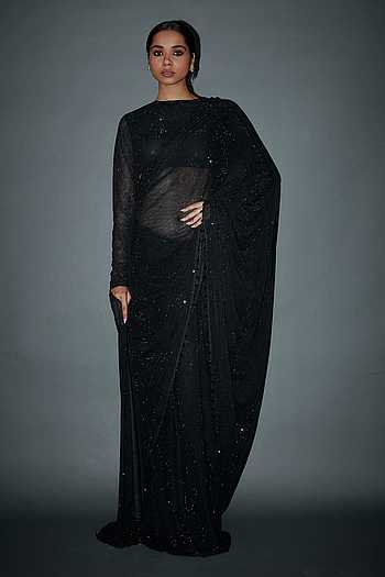 Buy Black Net Embellished Crystals High Neck Gabbriel Saree With Blouse ...