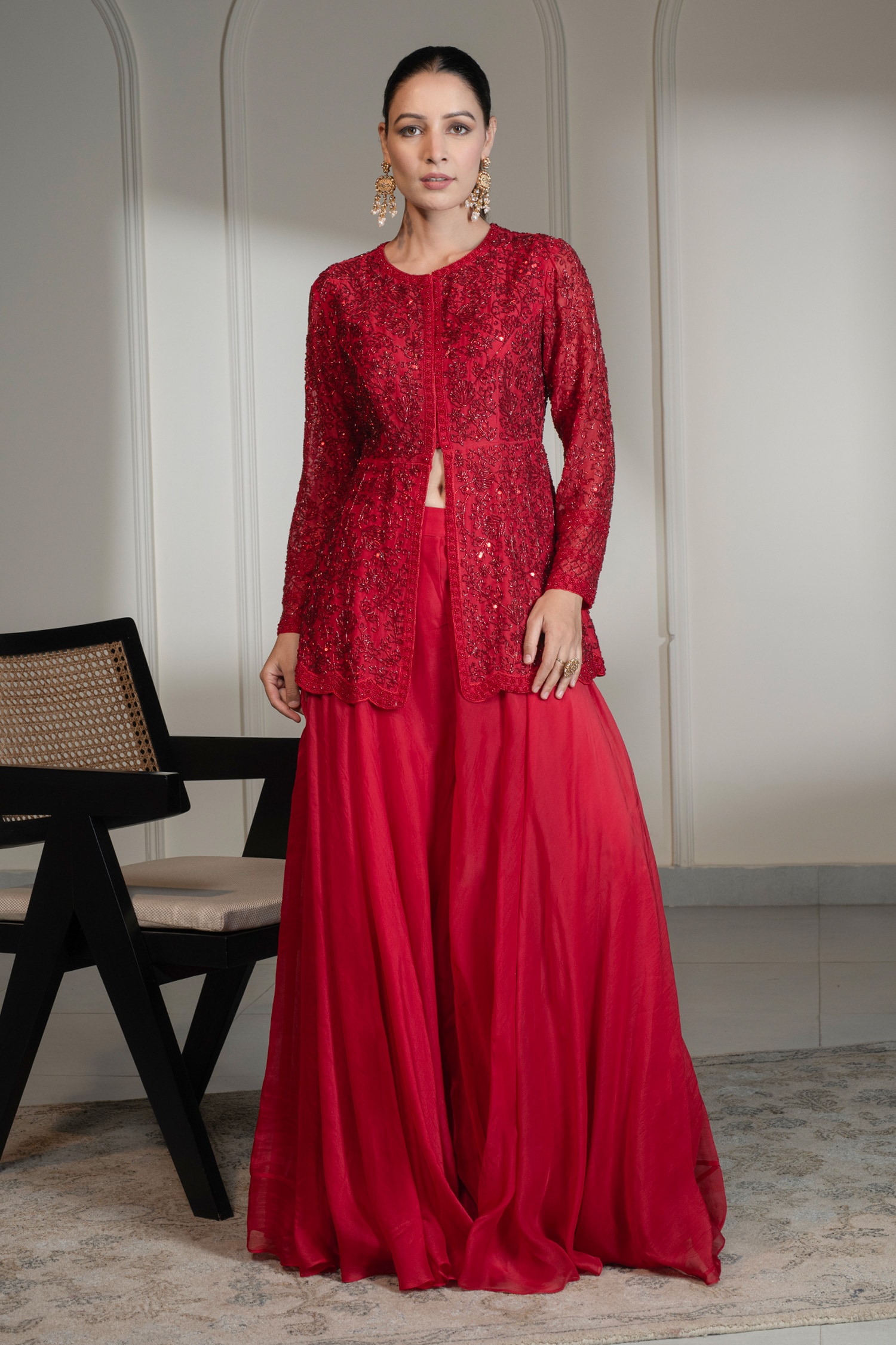 Buy Red Organza Embellished Cutdana Round Neck Tonal Tunic With Sharara ...