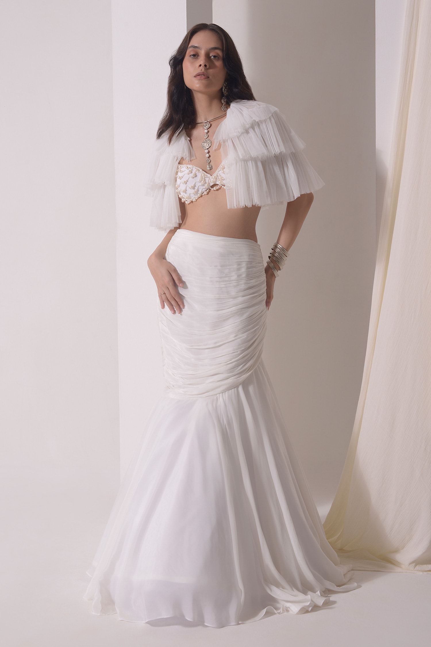 Buy White Crepe Embellished Pearls Sweetheart Tulle Layered Cape ...