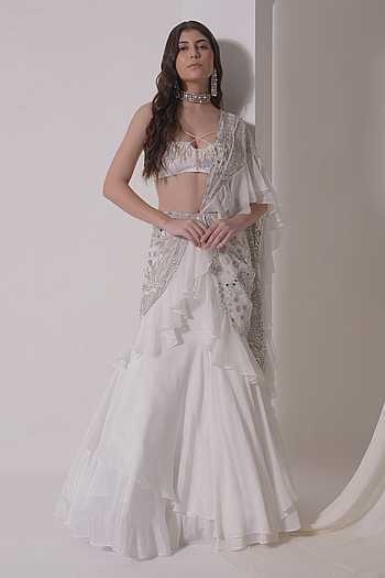 Buy White Crepe Print Foil Criss Cross Neck Pre-draped Ruffle Saree ...