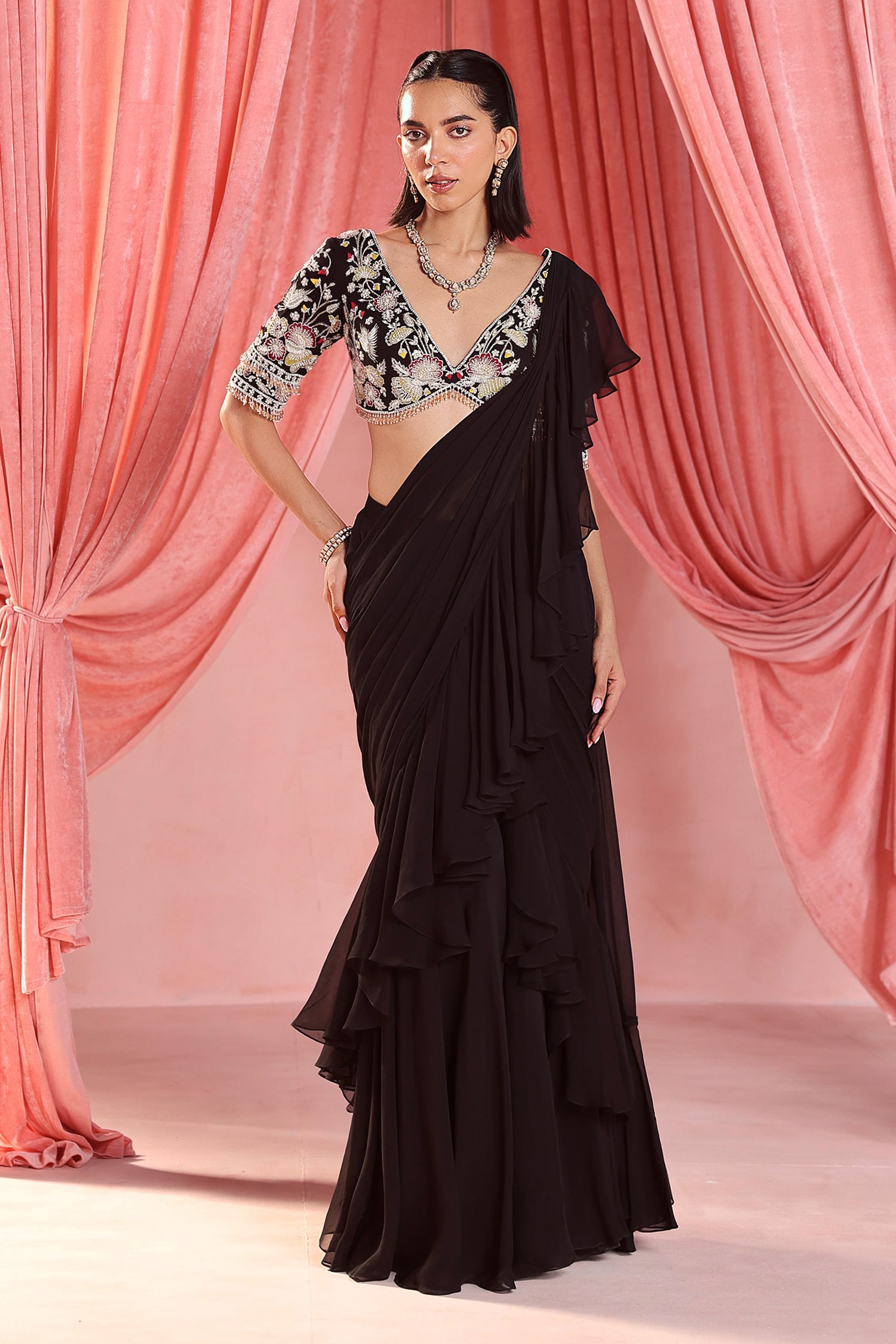 Buy Black Elnora Pre-draped Ruffle Saree With Blouse For Women by Seema ...