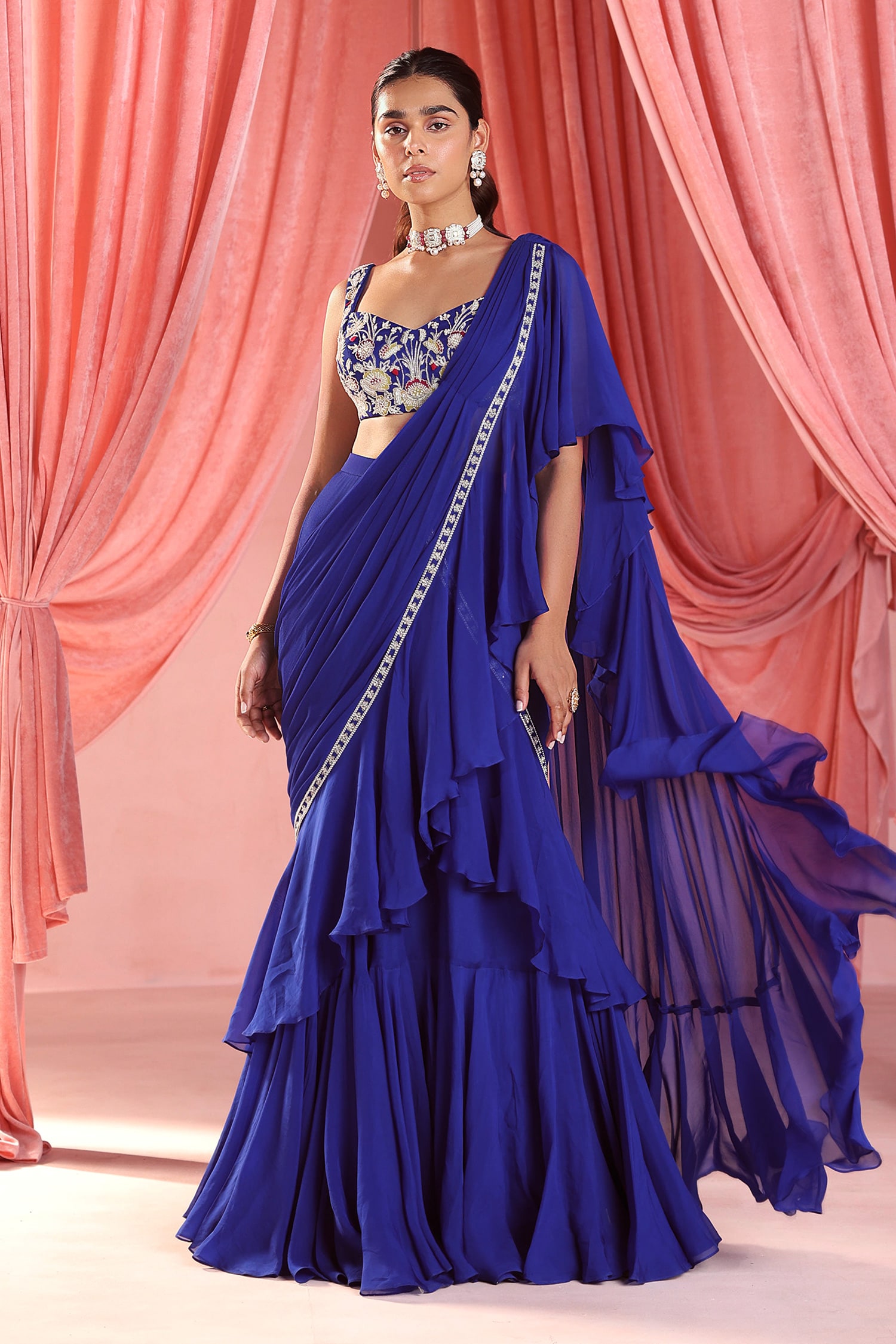 Buy Seema Thukral Blue Nita Pre-stitched Ruffle Saree With Blouse ...