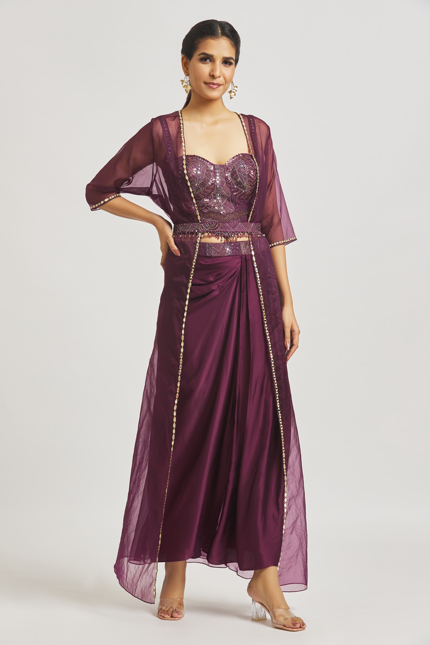 Buy Asaga Purple Silk Isha Draped Skirt Set With Jacket Online | Aza ...