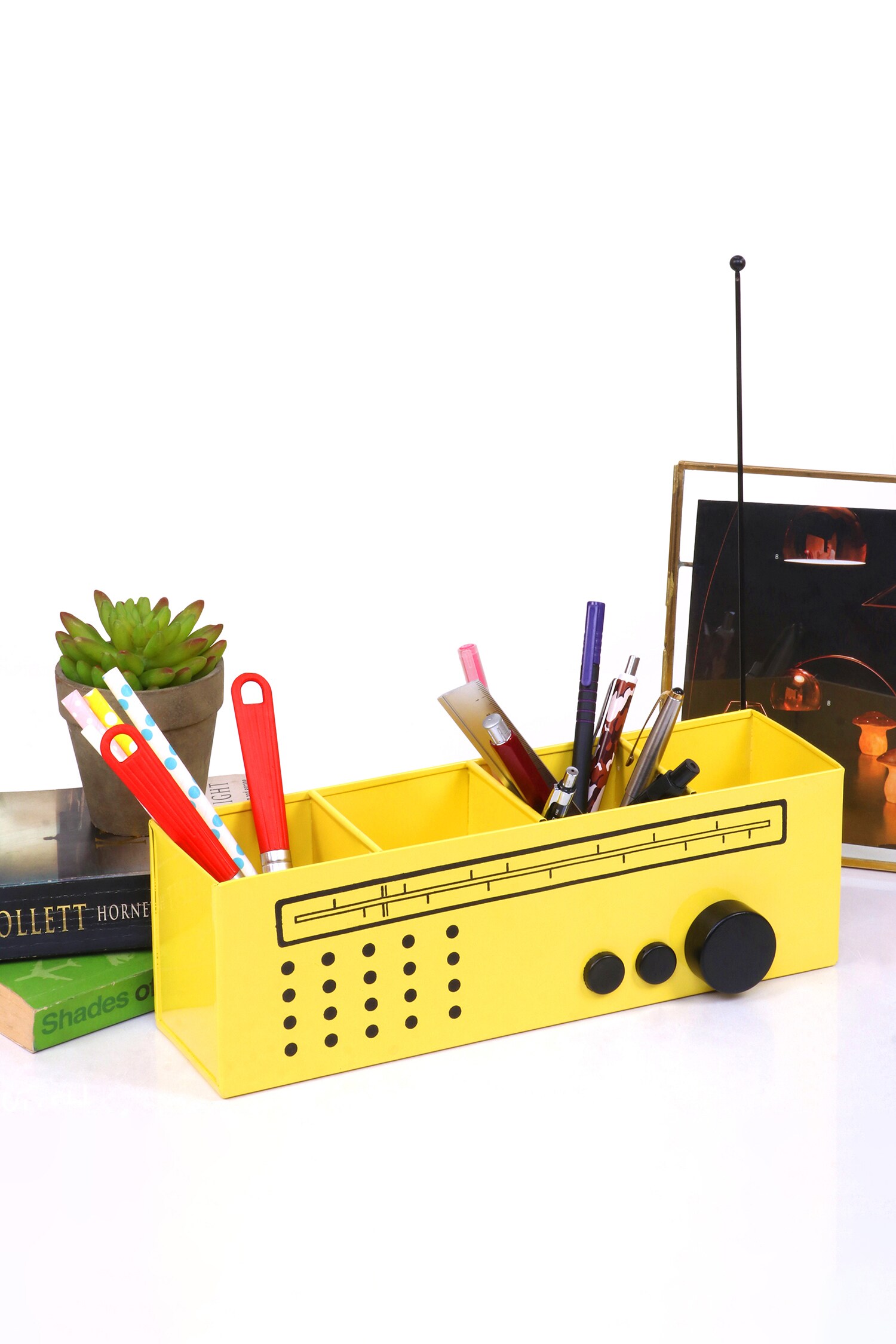Living With Elan Yellow Metal Printed Radio Box Shaped Desk Organizer
