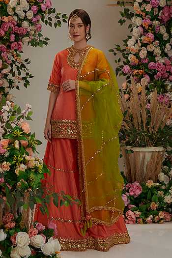 Buy Orange Dupatta Organza Embroidered Floral Silk Kurta Sharara Set ...