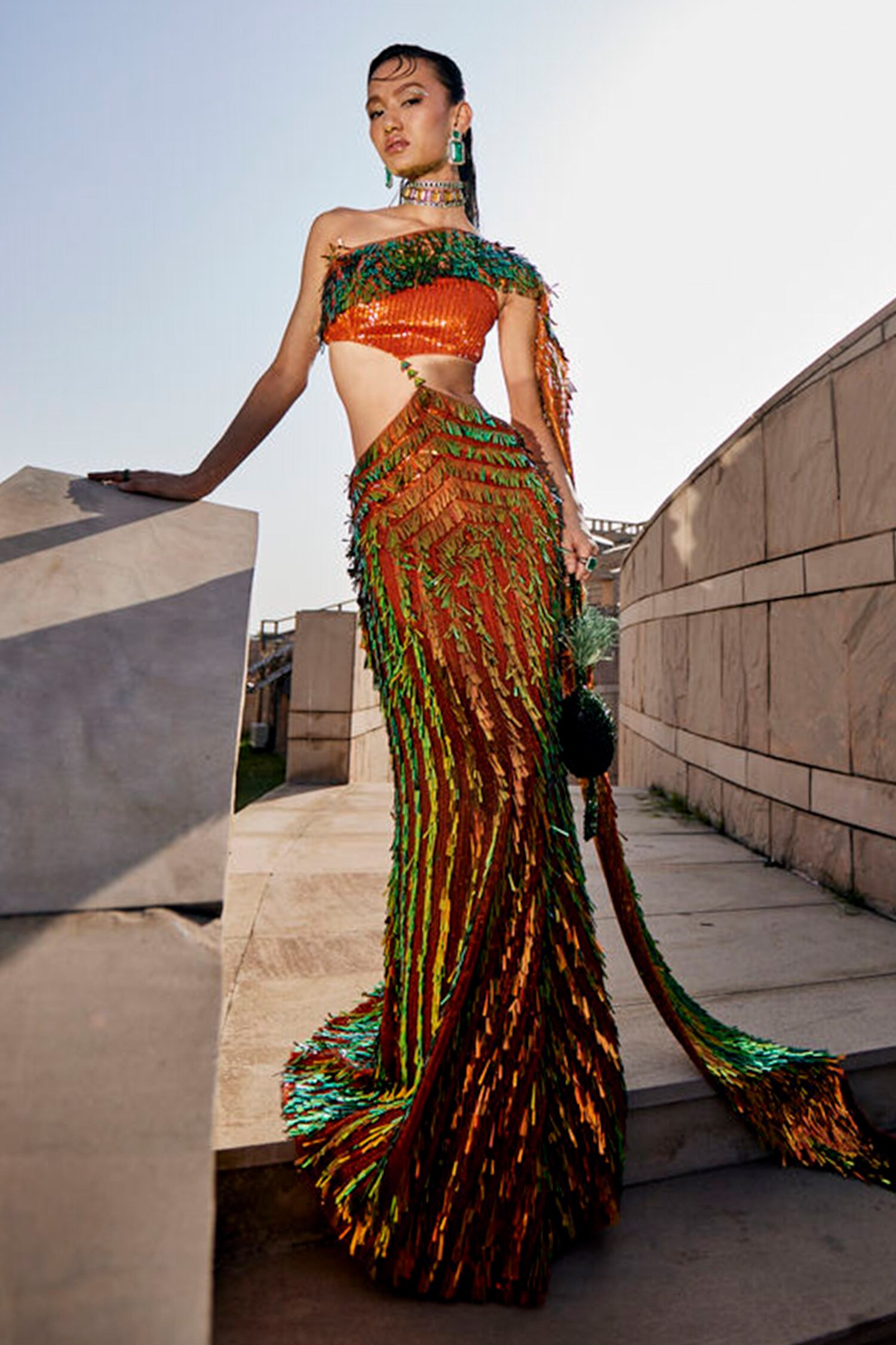 Buy Orange Net Hand Embroidered Sequins One The Raffish Reflecting Gown ...