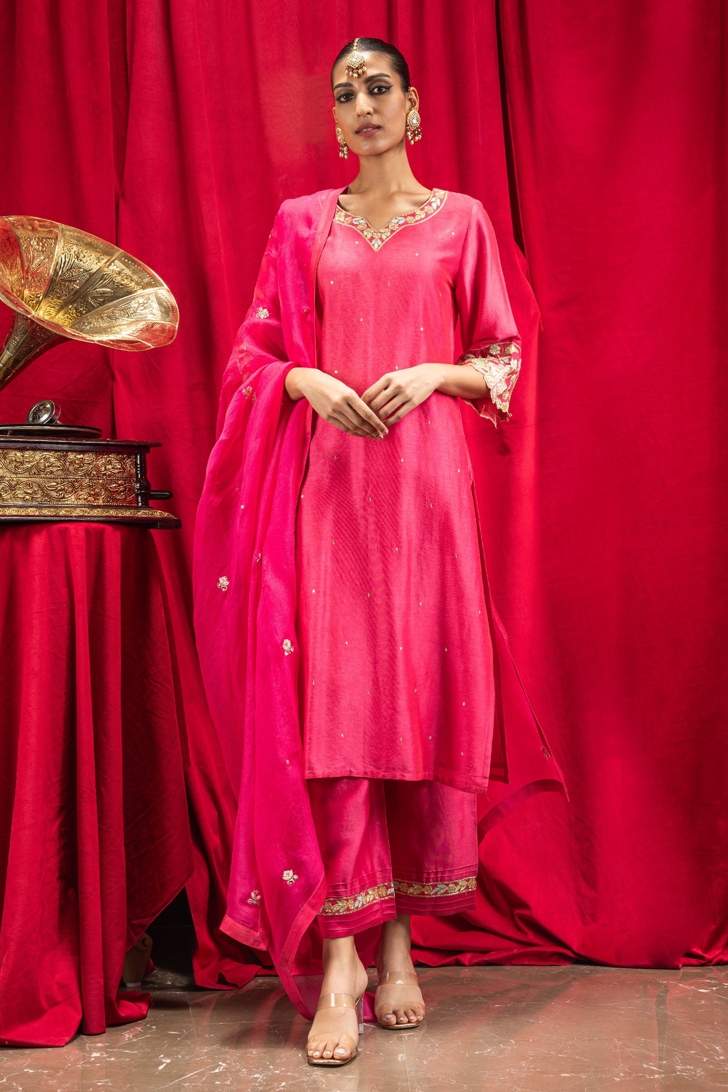 Buy Dohr India Pink Rani Sequin Placement Embroidered Kurta Set Online ...