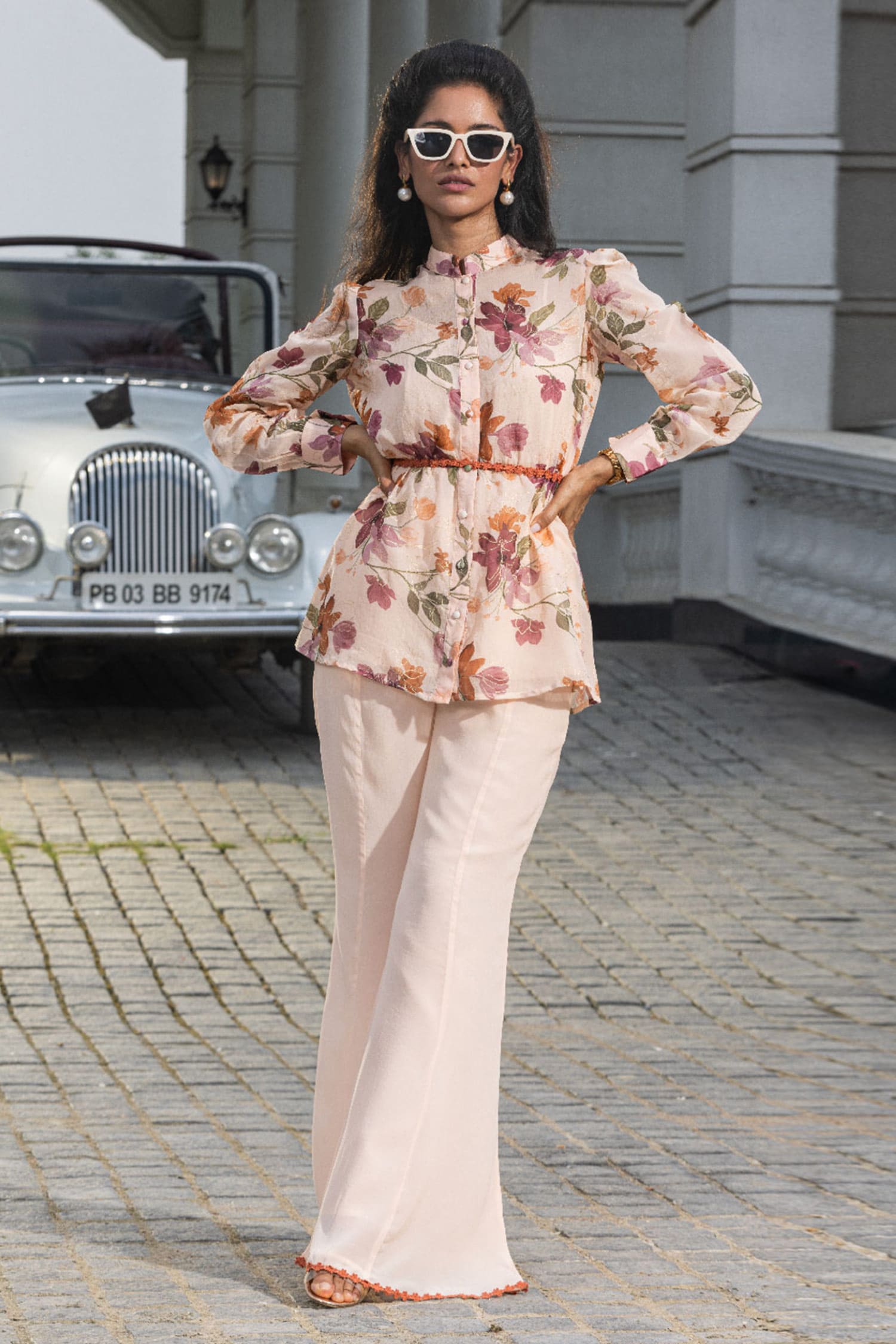 Buy Beige Top Organza (100% Viscose) Printed And Blair Bloom & Pant Set ...
