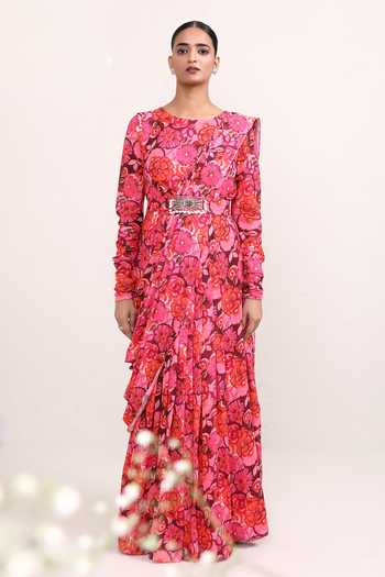 Buy Pink Petunia Floral Print Draped Saree Gown With Belt For Women by ...