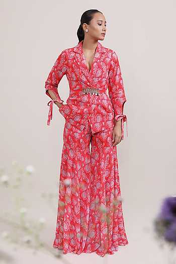 Buy Red Carnation Floral Print Jacket And Sharara Set For Women by Miku ...