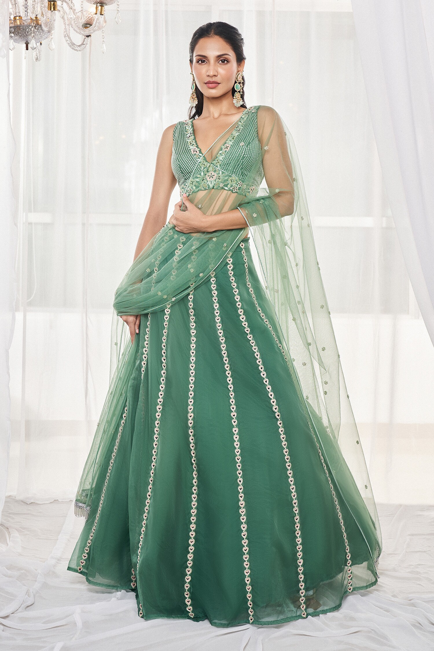 Buy Green Organza Embroidered Cutdana Plunge V Neck And Resham Blouse ...
