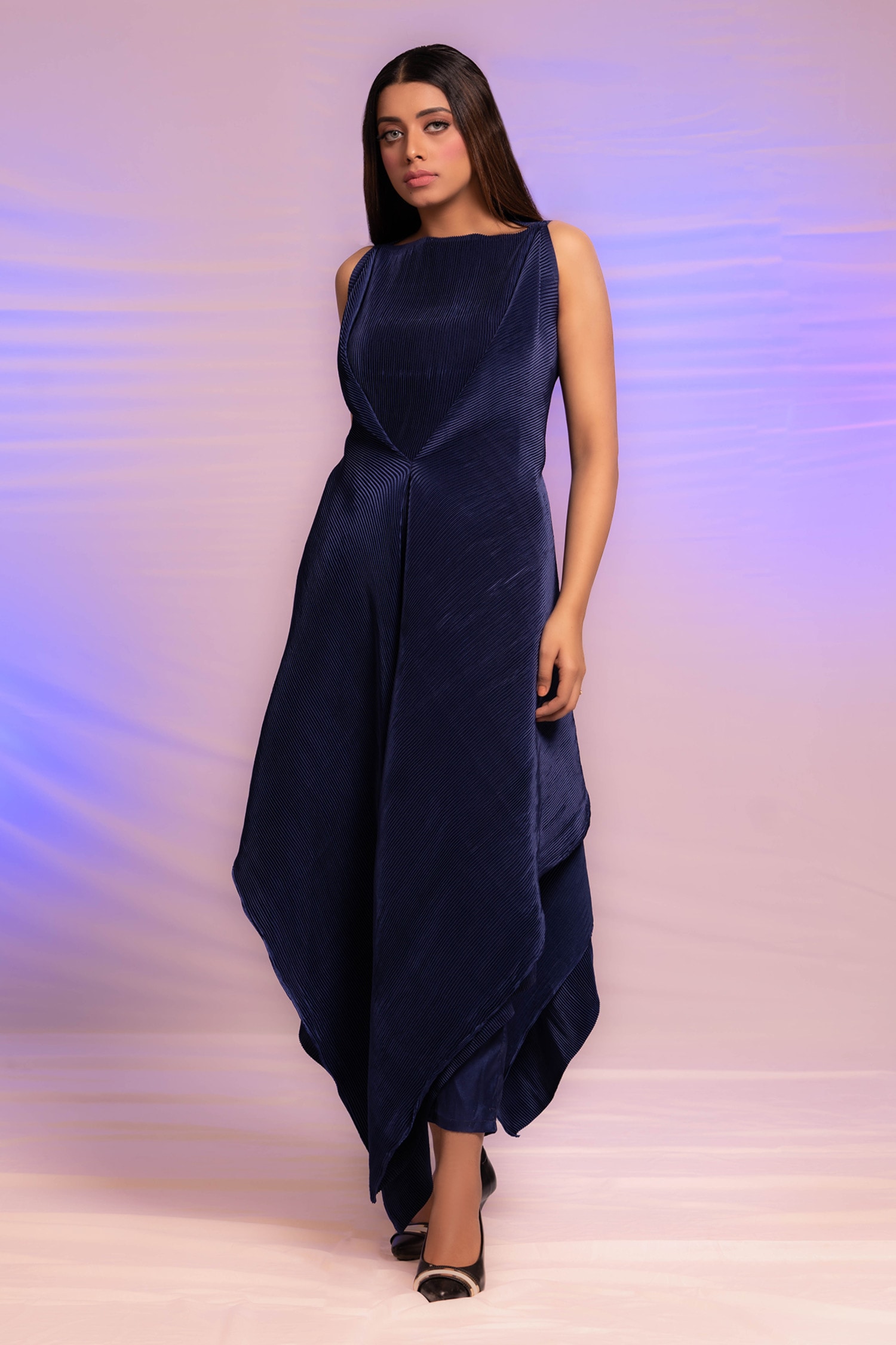 Buy Blue Polyester Plain Boat Neck Pleated Draped Dress And Pant Set ...