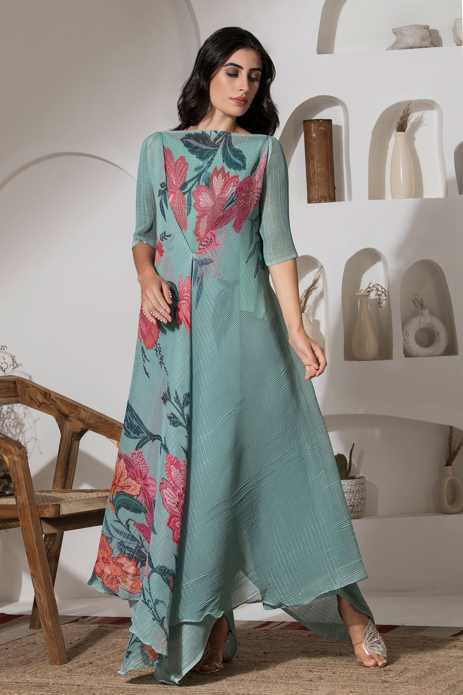 Buy PREETI MEHTA Green Botanical Print Pleated Kaftan And Palazzo Set ...