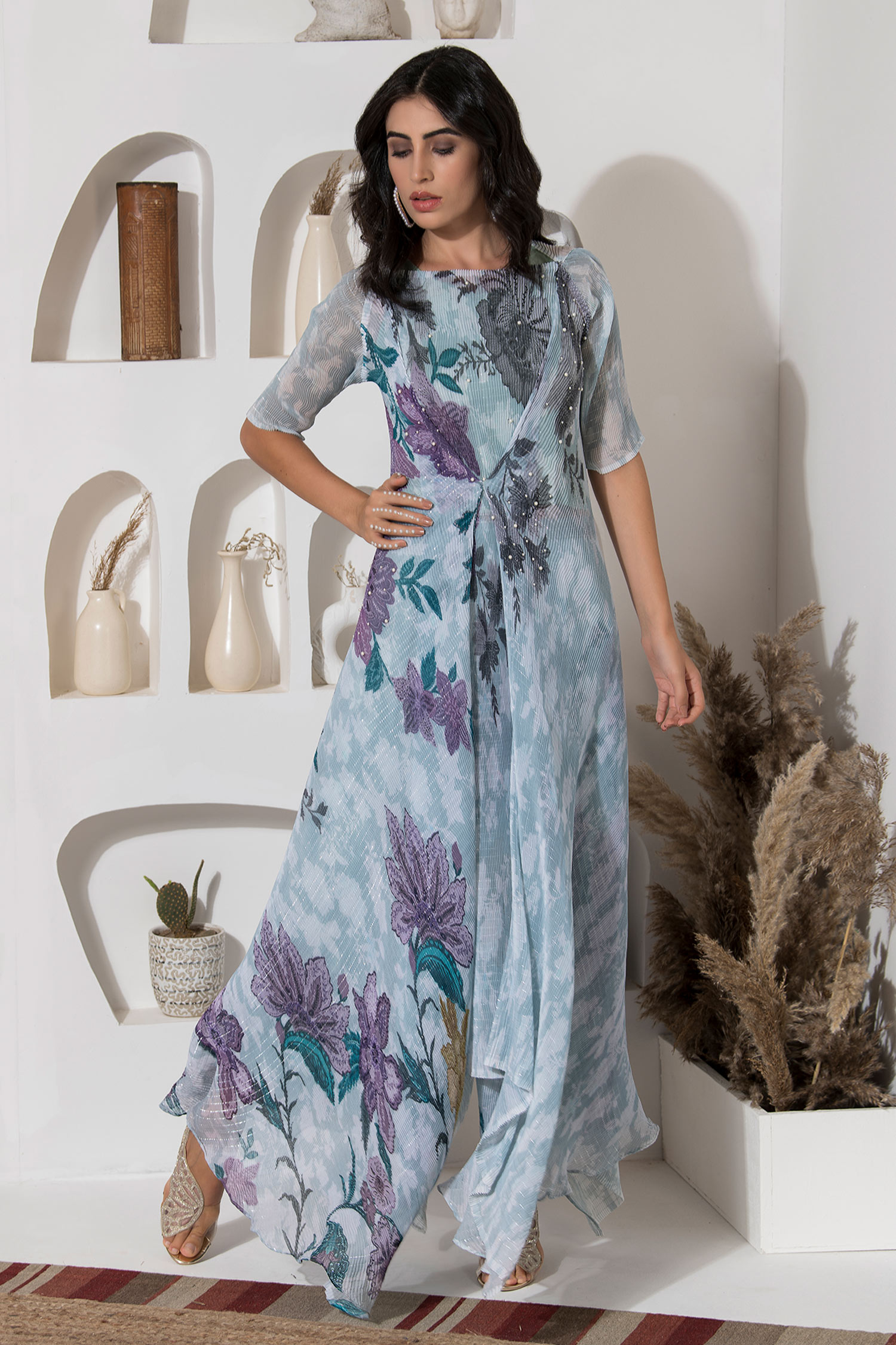 Buy Blue Floral Print Pleated Kaftan And Palazzo Set For Women by ...
