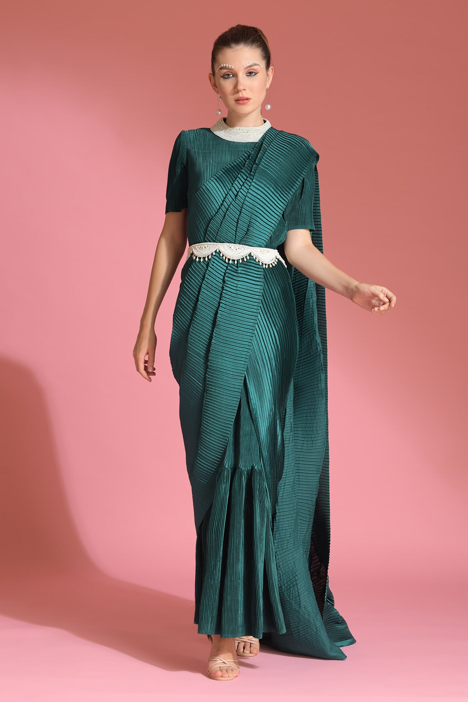 Buy PREETI MEHTA Green Satin Pleated Saree With Pearl Collar ...