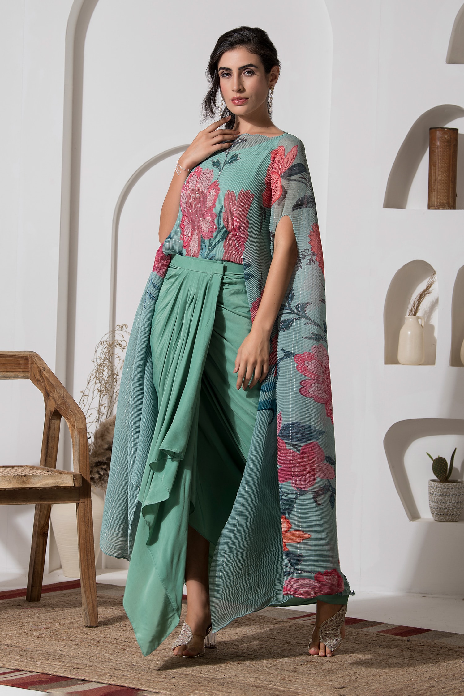 Buy Green Printed Kaftan And Dhoti Skirt Set For Women by PREETI MEHTA ...