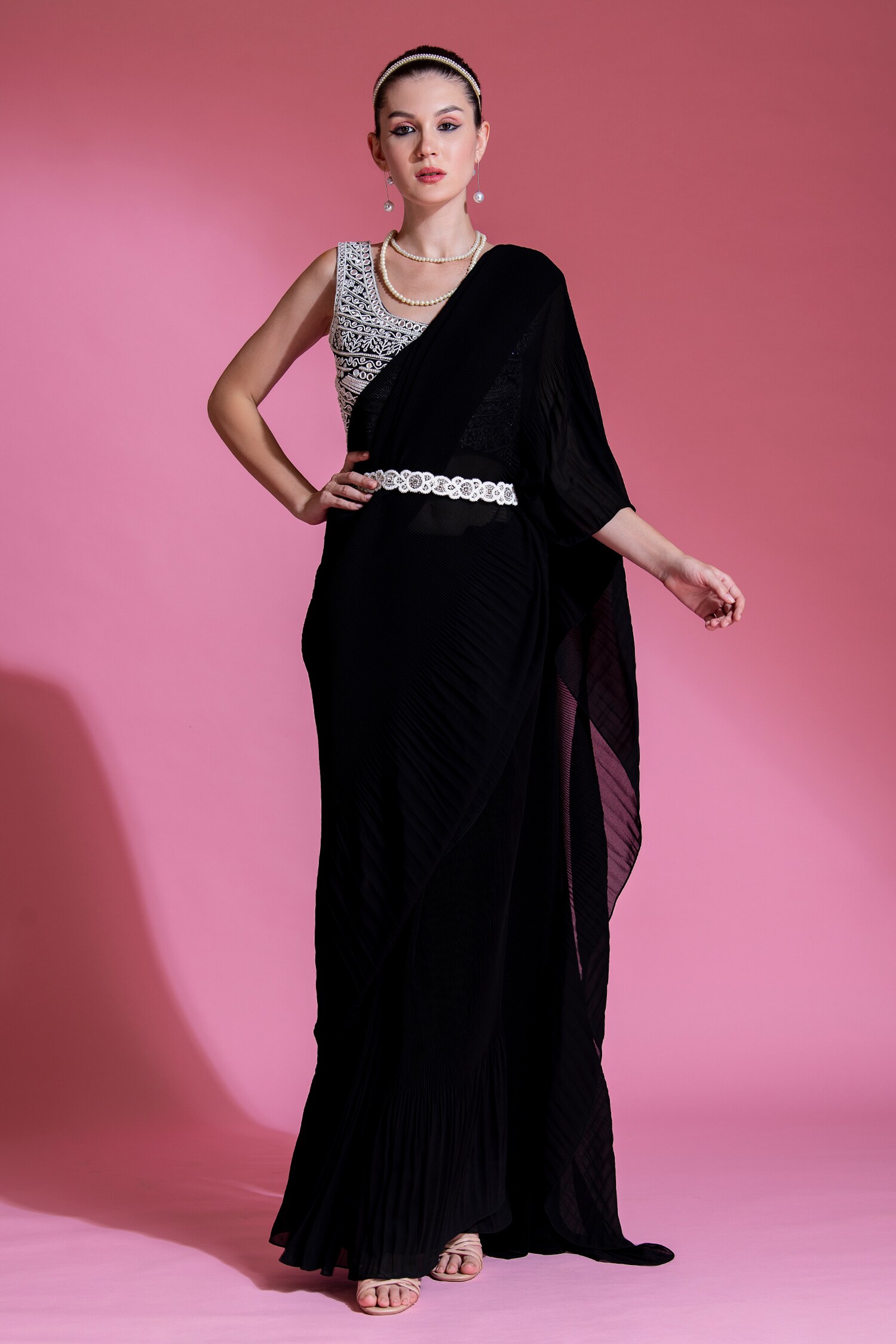 Buy PREETI MEHTA Black Georgette In Viscose Pleated Saree With Mirror ...