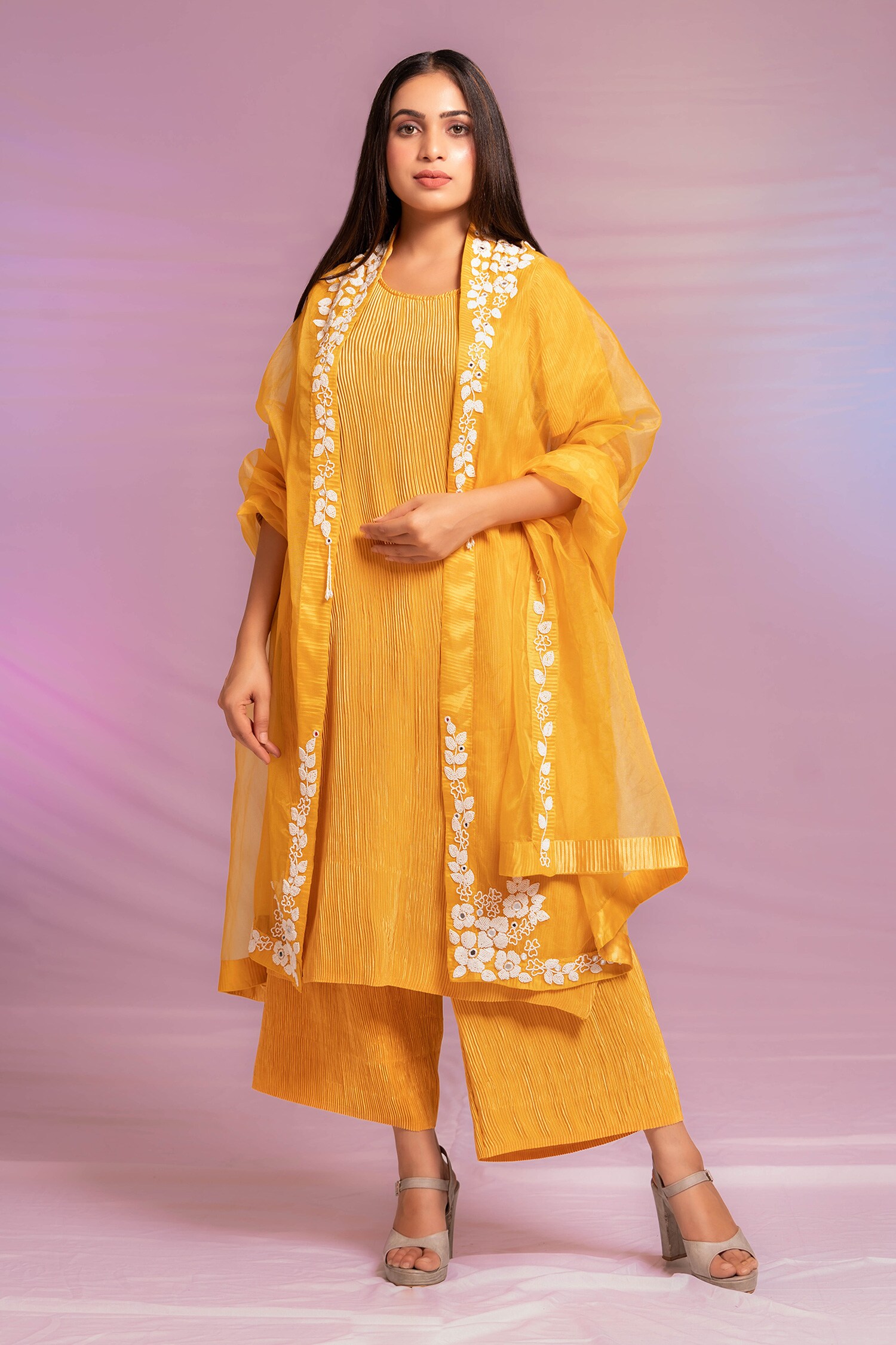 Buy PREETI MEHTA Yellow Pleated Kurta Set With Flower Embroidered ...