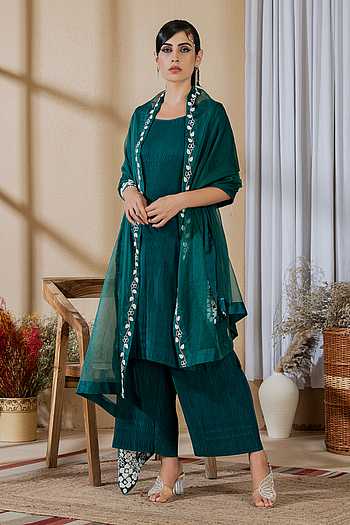 Buy Green Pleated Satin Polyester Kurta Set With Flower Pearl Dupatta ...
