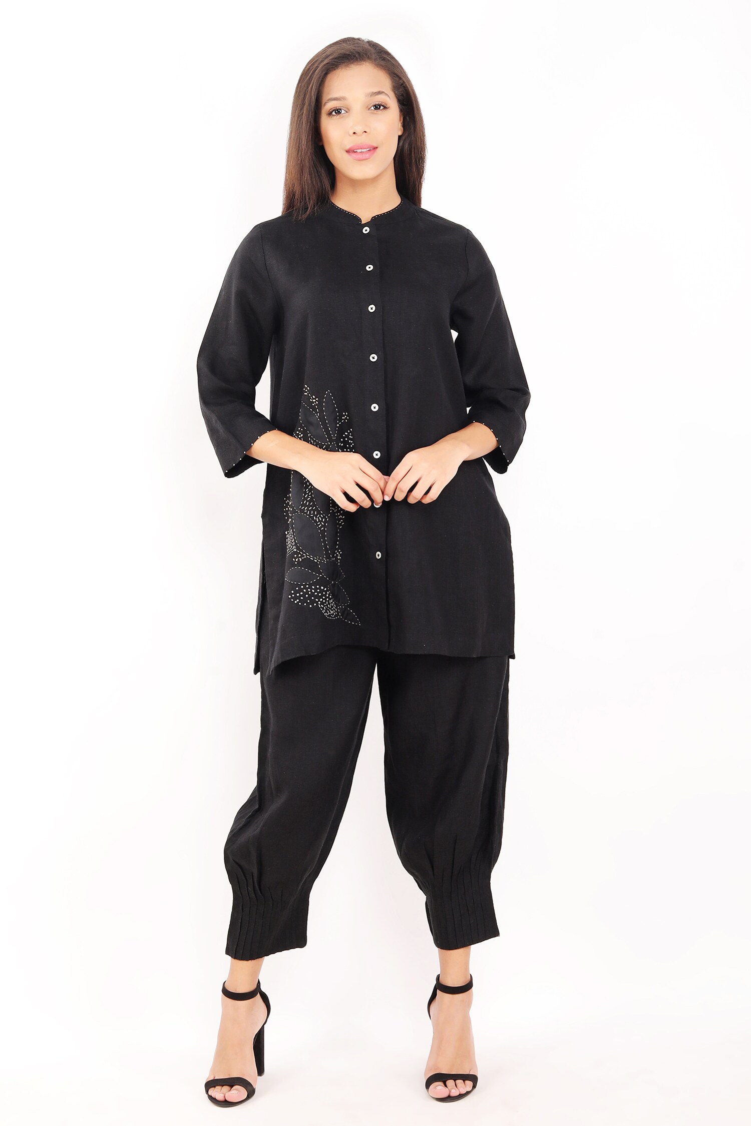 Buy Linen Bloom Black Linen Zari Leaf Embroidered Long Shirt Online ...