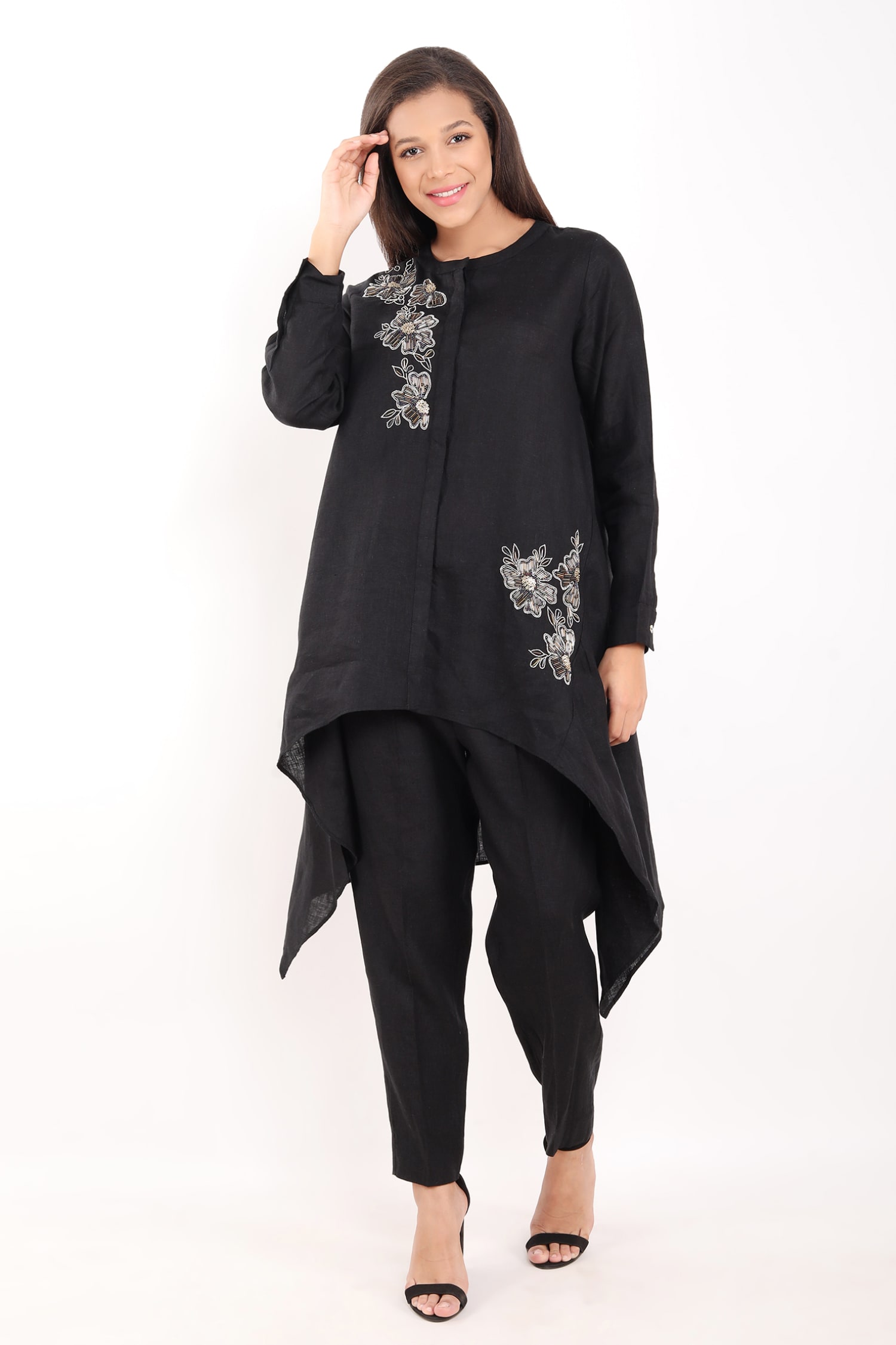 Buy Linen Bloom Black Linen Bloom Nalki Embroidered High Low Tunic ...