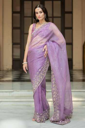 Buy Purple Semi Crepe Embroidered Mirror V Neck Pleated Saree Set For ...