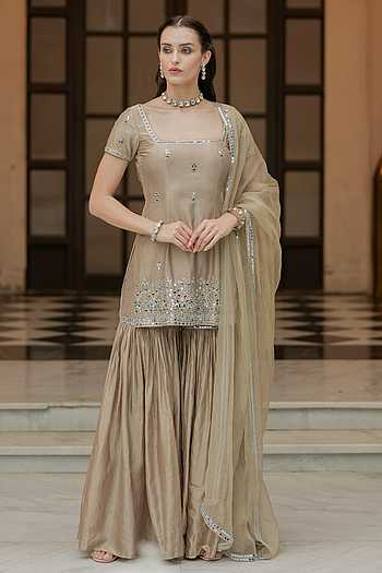 Buy Brown Semi Crepe Embroidered Mirror Square Neck Kurta Sharara Set ...