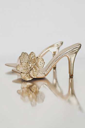 Buy Gold Hand Embroidery 3d Mule Heels by Signature Sole Online at Aza ...