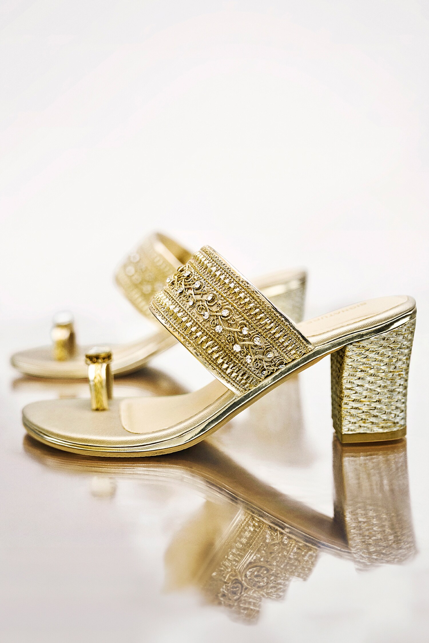 Buy Gold Embroidery Strap Block Heels by Signature Sole Online at Aza ...