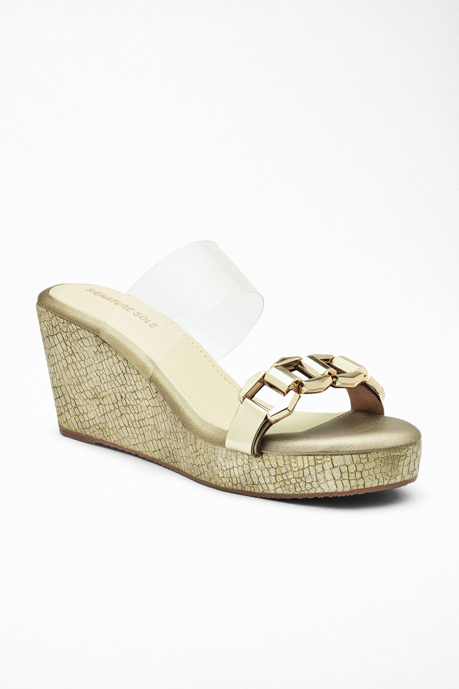 Buy Gold Embellished Metallic Platform Wedges by Signature Sole Online ...