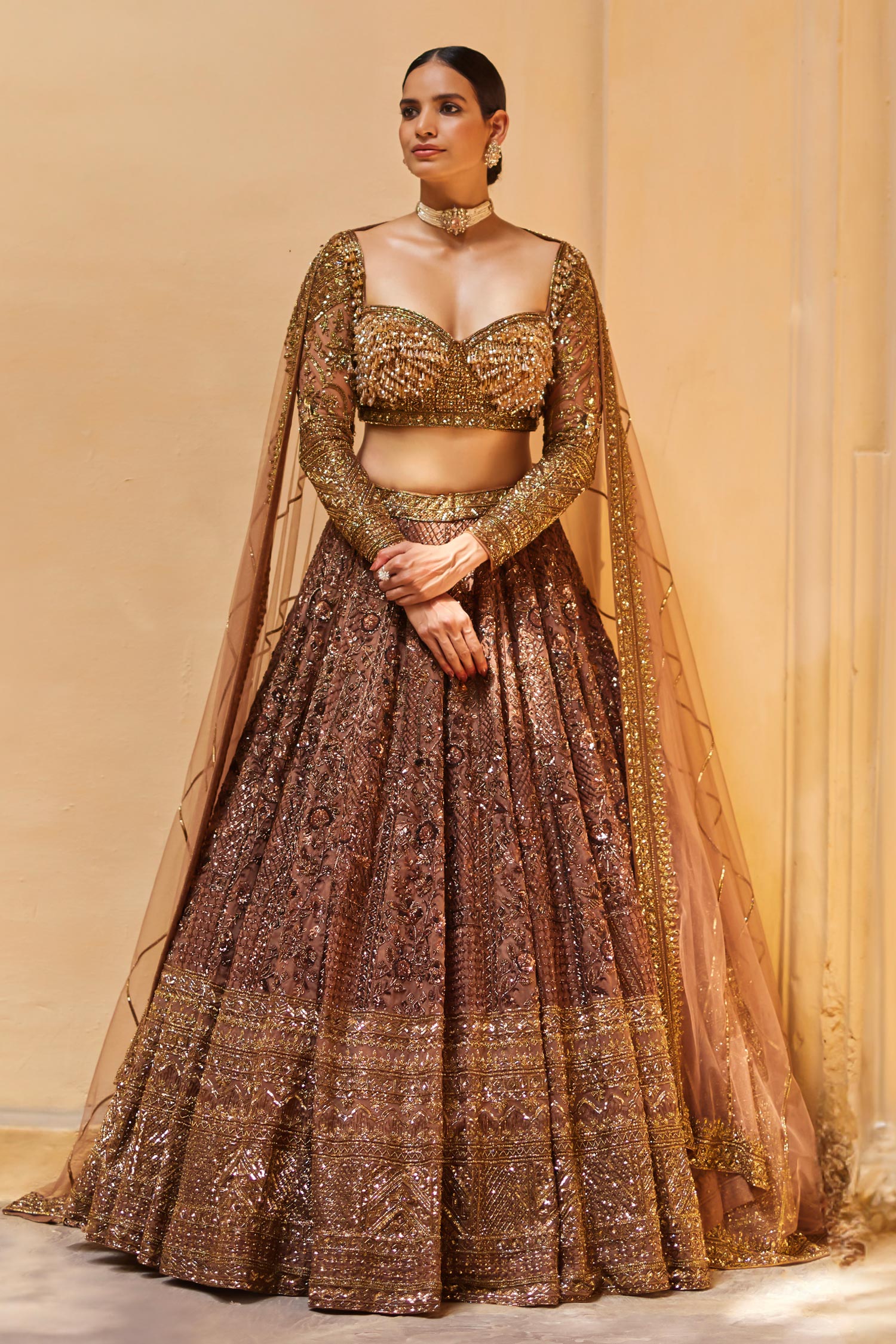 Buy Roqa Brown Shafaqat Zari Embroidered Lehenga Set Online | Aza Fashions