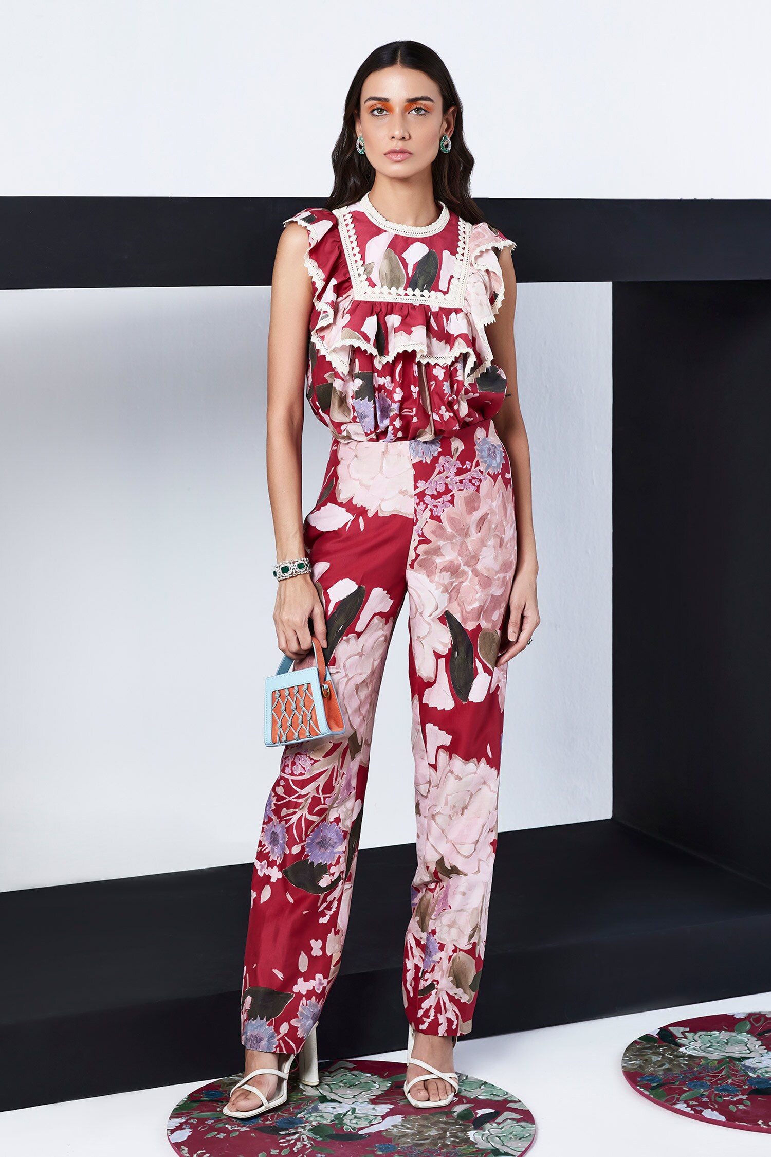 Buy Ridhi Mehra Red Chanderi Rhoswen Raflessia Print Ruffled Yoke Top ...