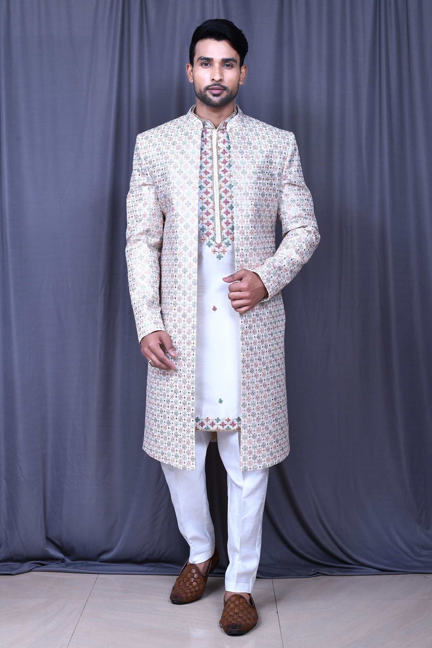 Buy Aryavir Malhotra Cream Banglori Silk Floral And Sequins Embroidered ...