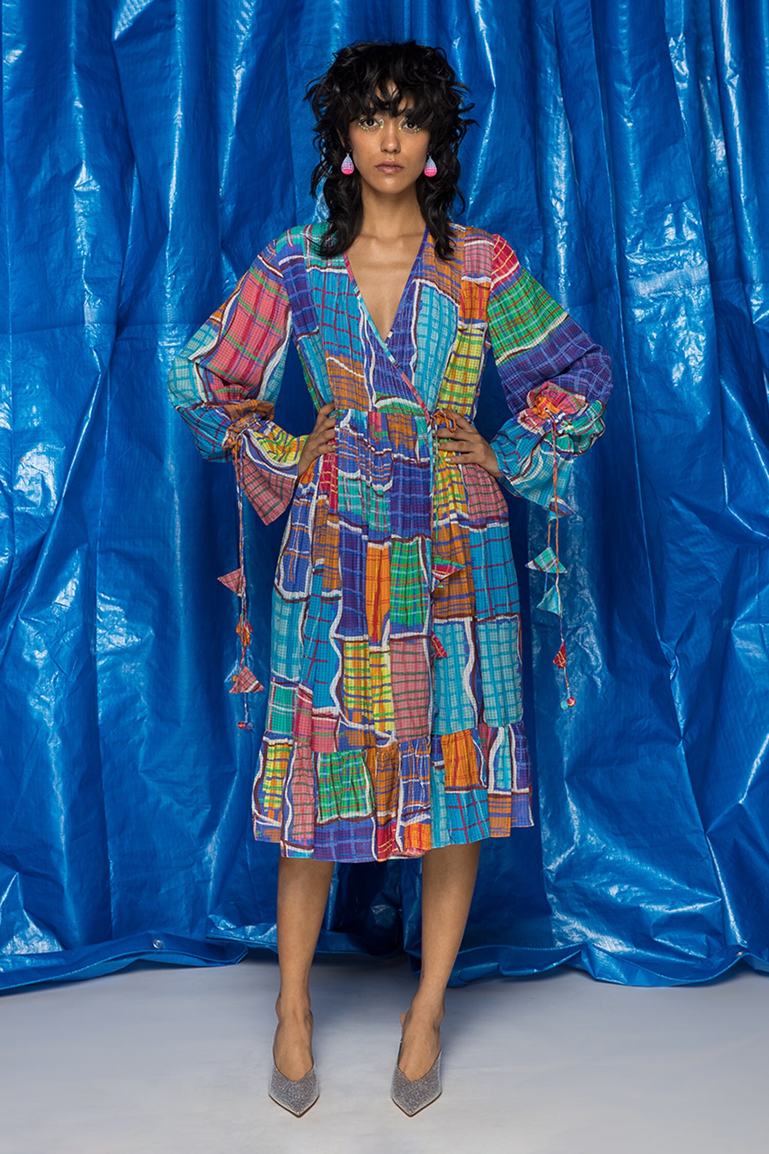 Buy Blue Cotton Voile Printed Gingham Surplice Tiered Wrap Dress For ...