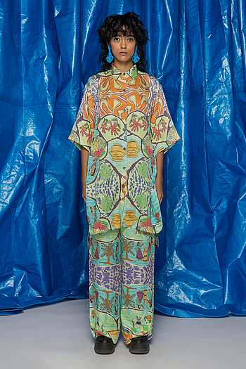 Buy DOH TAK KEH Blue Orient Slub Satin Kasba Tribal Print Shirt Online ...