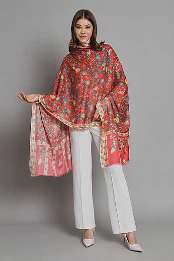 Buy Red Printed Jamawar Floral Shawl by MODARTA Online at Aza Fashions.