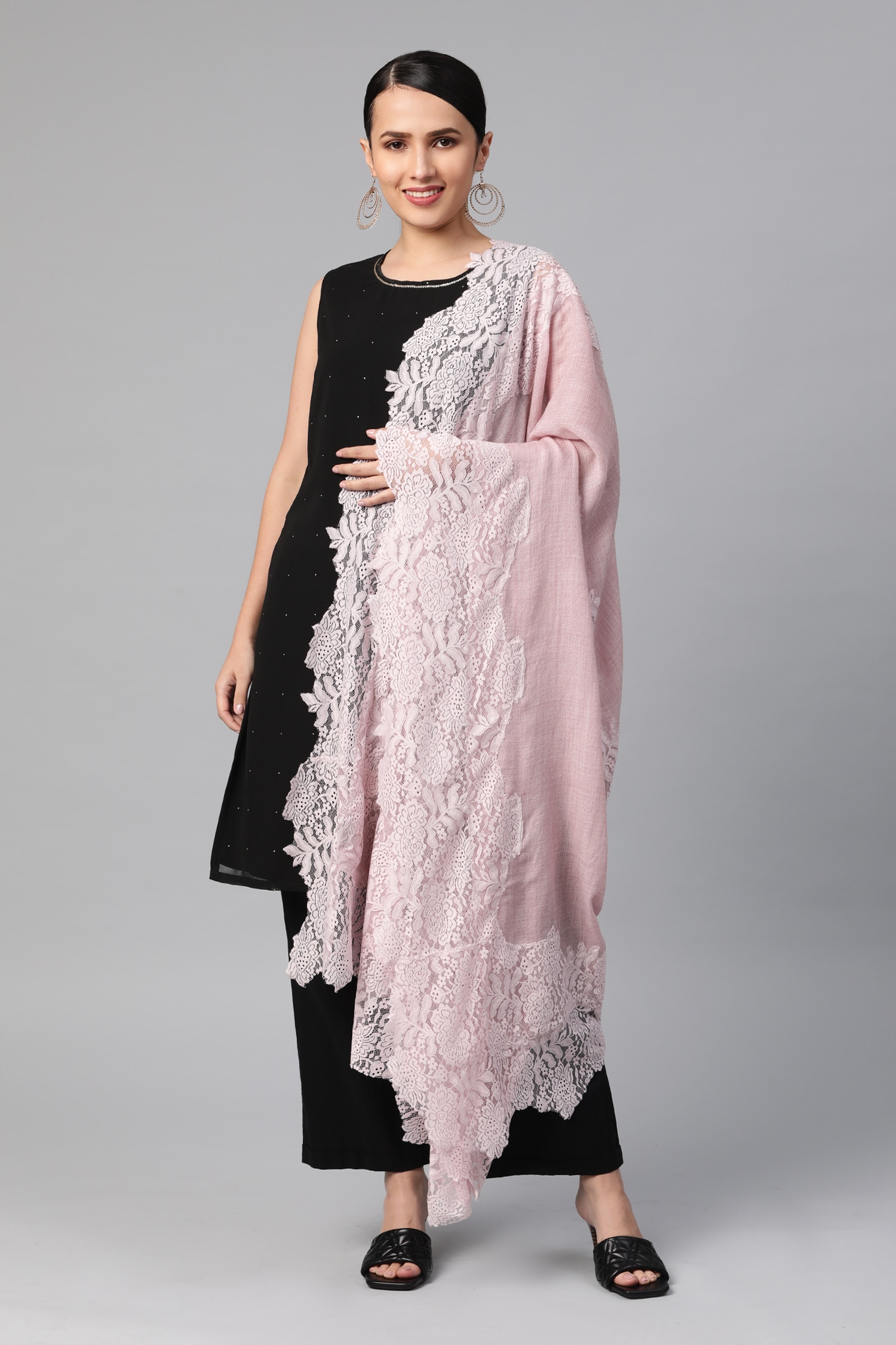 Buy Pink Embroidered Valentino Lace Pastel Shawl by MODARTA Online at ...