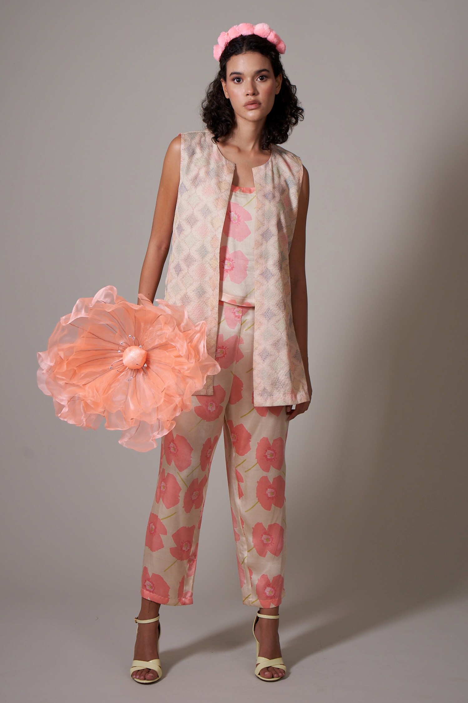 Buy Beige Silk Embroidered Poppy Kigiku Jacket With Print Pant Set For ...