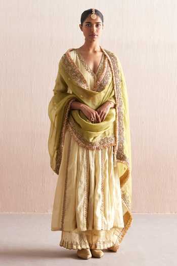Buy Off White Angrakha: Cotton Tissue Nayaab Zari Angarkha Pant Set For ...