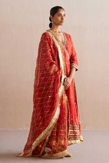 Buy Weaver Story Orange Nayaab Floral Embroidered Angarkha Kurta Pant ...